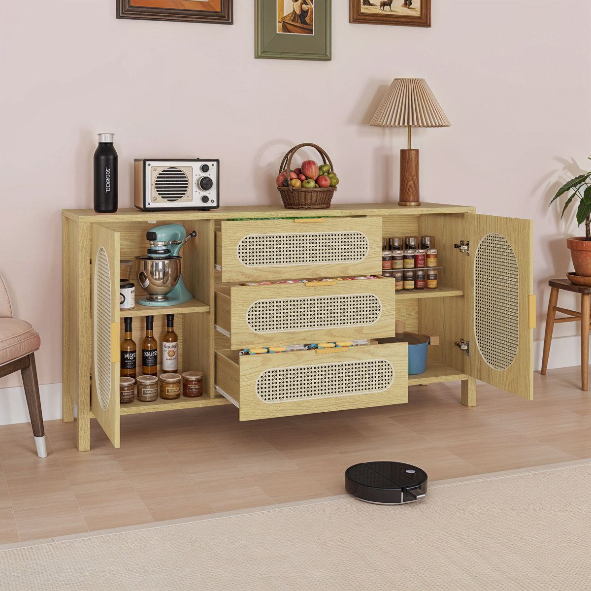 Bay Isle Home™ 63" Rattan Buffet Sideboard with Drawers, Doors, and Adjustable Shelves | Wayfair